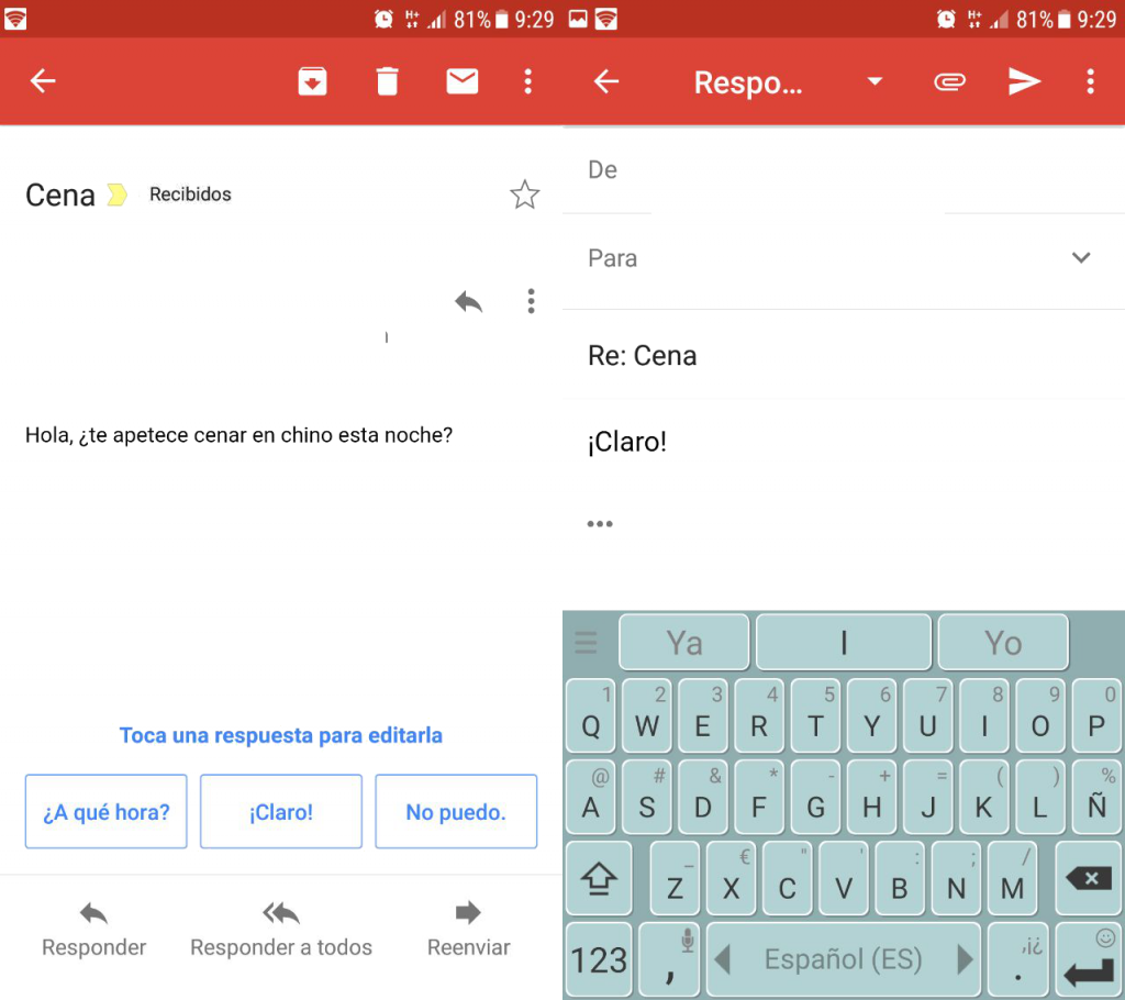 Las respuestas inteligentes de Gmail para Android ya en español