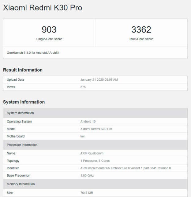El Redmi K30 Pro se pasea por Geekbench revelando sus características
